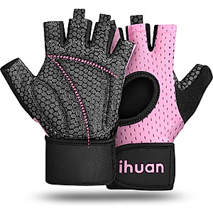 ihuan Breathable Weight Lifting Gloves: Fingerless Workout Gym Gloves Wrist Support Palm Protection Extra Grip for Fitness Rowing Pull-ups