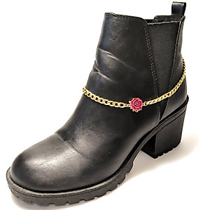 Gothic Red Rose Boot Charm Bracelet Chain 18K Gold-Plated Stainless Steel Double Clasp Adjustable Size 16 Inch Gift Boxed