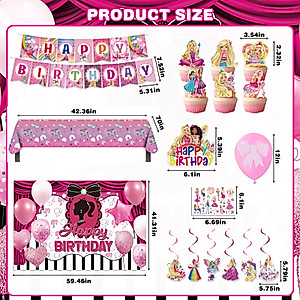 Pink Birthday Party Supplies, 60 Pcs Barbii Birthday Party Decorations Include Banners, Cake Topper,Cupcake Topper,Latex Balloon,Backdrop, Tablewares, Temporary Tattoo Stickers for Girls