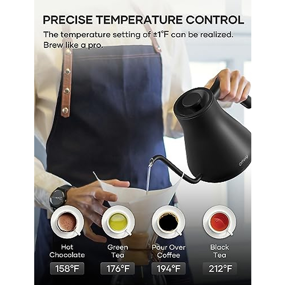 Gooseneck Electric Kettle, Offacy Pour Over Tea Kettles with LED Screen, ±1℉ Temperature Control, Full 304 Stainless Steel, Quick Heating, Hold, Mute, 0.68mm V-Shaped Spout, Hot Water Boiler, 0.9L