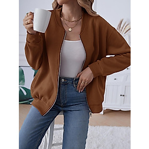 MEROKEETY Womens Fall Zipper Sweatshirt Long Sleeve Running Workout Jacket with Pockets, Brown, Large