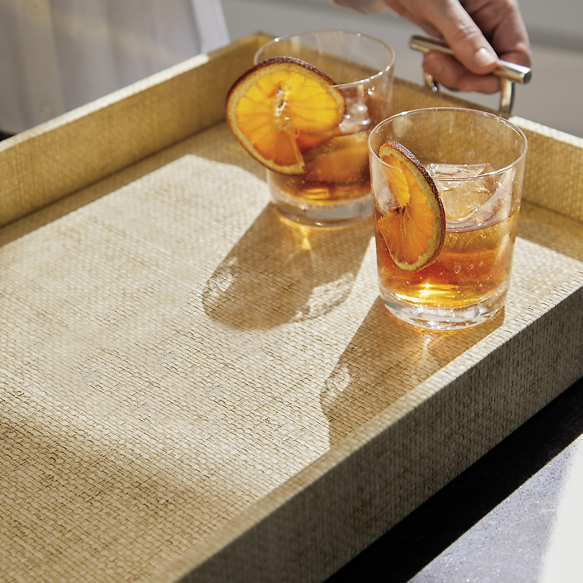 Sand Faux GRASSCLOTH Tray with Metal Handles | Biege | Textile | Tableware | Service Trays | Vinyl | Handmade in Mexico