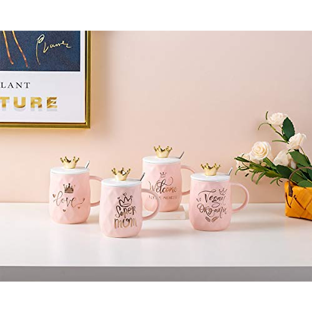 Mug for Mom with Crown Cute Coffee Ceramic Cup Unique Gift for Women Queen Wife Grandma Girlfriend Daughter Mother's Day - 15oz with Lid & Spoon (Super Mom)