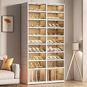Beeveer Foldable Shoes Rack Organizer Clear Portable Plastic Shoes Rack for Closet Entryway Shelf Collapsible Large Storage Box Stackable Assembly Shoe Cabinet with Lids Door(9-Tier for 18-36 Pairs)