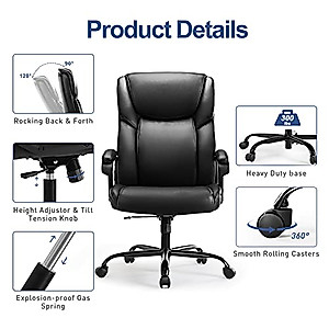 OLIXIS Executive High Back Home Office Desk Soft Armrest Padded, Height Adjustable Ergonomic Computer Lumbar Support Bonded Leather Chair, Black