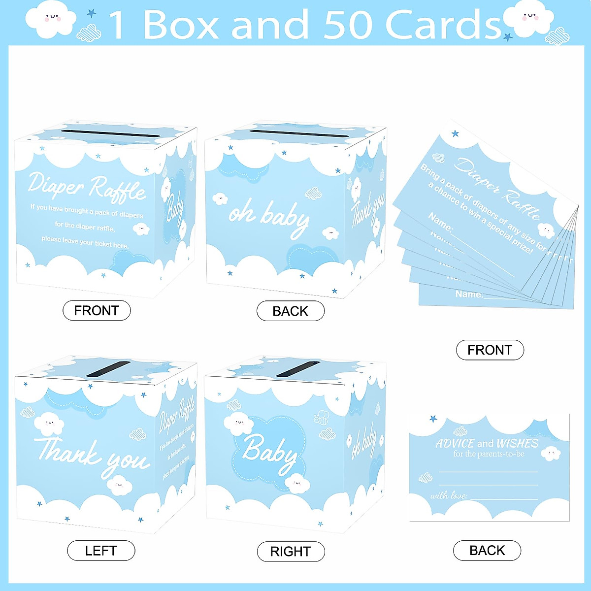 JCTHKUKU 50 Diaper Raffle Tickets with Box for Baby Shower Game, Blue Diaper Raffle Card Box for Gender Reveal Baby Shower Raffle Oh Baby Party Decoration Card Boxes