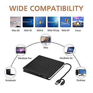 External DVD Drive, Amicool USB 3.0 Type-C CD DVD +/-RW Optical Drive USB C Burner Slim CD/DVD ROM Rewriter Writer Reader Portable for PC Laptop Desktop MacBook Mac Windows 7/8.1/10 Linux OS Apple
