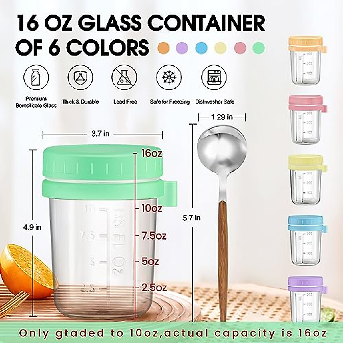 Tekuve 6 Pack Overnight Oats Containers with Lids and Spoon, Glass 16 oz Mason Jars with Airtight Lid for Overnight Oats Meal Prep Chia Yogurt Salad Fruit