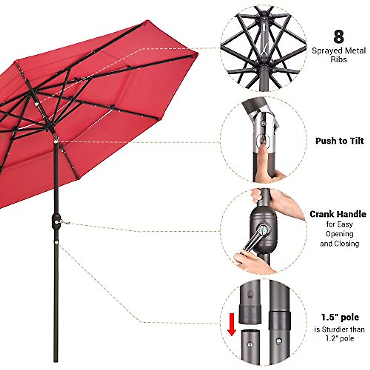Yescom 9ft 3 Tier UV70+ Solar Powered Patio Umbrella with LED Crank Tilt Button Aluminum Outdoor Home Garden Yard Deck