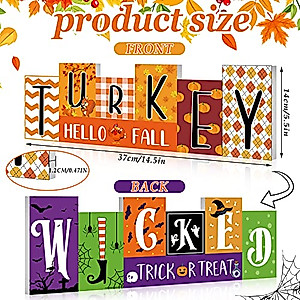 Purpeak Reversible Fall Wooden Table Sign Double Side Halloween and Thanksgiving Tabletop Sign Decor Wicked and Turkey Wood Block Fall Tiered Tray Decor for The Home Shelf Party Decor