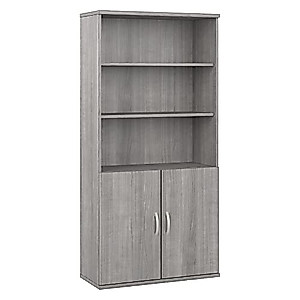 Ciays Bush Business Furniture Hybrid Tall 5 Shelf Bookcase with Doors in Platinum Gray