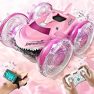FUUY Amphibious RC Boat 360-degree Flips Waterproof Remote Control Car Monster Trucks LED Pink 4WD Roate Stunt Car Lake Pool Toys for Kids Ages 8-12