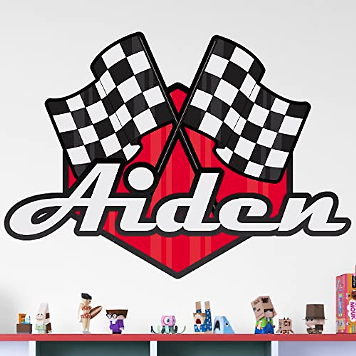 Race Flag Name Wall Decal - Personalized Wall Art for Boys, Baby, and Kids - Custom Name Wall Decal with Race Car Theme - Checkered Flag Wall Stickers - Wall Letters Decor for Bedroom