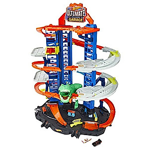 Hot Wheels Toy Car Track Set City Ultimate Garage Moving T-Rex Dinosaur, 100+ 1:64 Scale Vehicle Storage, 3-Ft Tall, 2 Toy Cars
