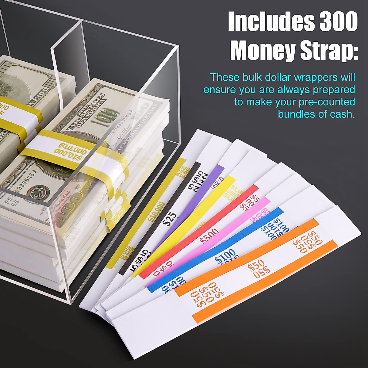 Mczxon Clear Cash Tray With 300 Currency Wrappers, Acrylic Money Organizer Storage Change Box Case - 5 Compartments