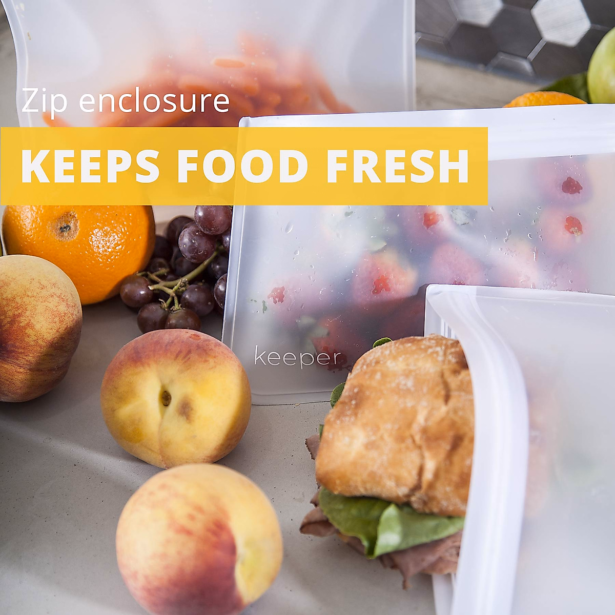 Keeper Reusable Sandwich Bags (5 Pack) - Premium Reusable Snack Bags For Kids. Airtight Ziplock Lunch Baggies Keep Food Fresh! Freezer Safe Bag - Great For Travel, Make-Up, Home Storage Organization