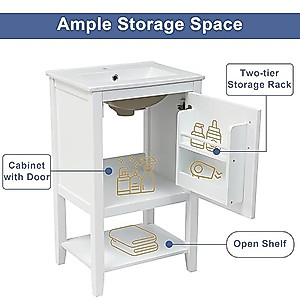 Lifeand 20" Vanity with Sink, Bathroom Cabinet with Soft Closing Door, Storage Rack and Open Shelf, White
