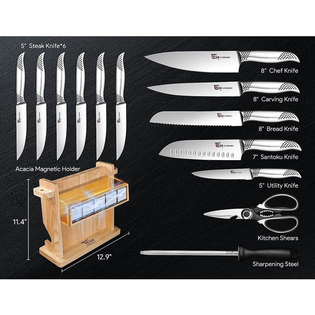 SYOKAMI Kitchen Knife Set, 14 Pieces Japanese Style Knife Block Set with Magnetic Holder, High Carbon Stainless Steel Ultra Sharp Knives for kitchen with Ergonomic Handle and Sharpener, Black Dot