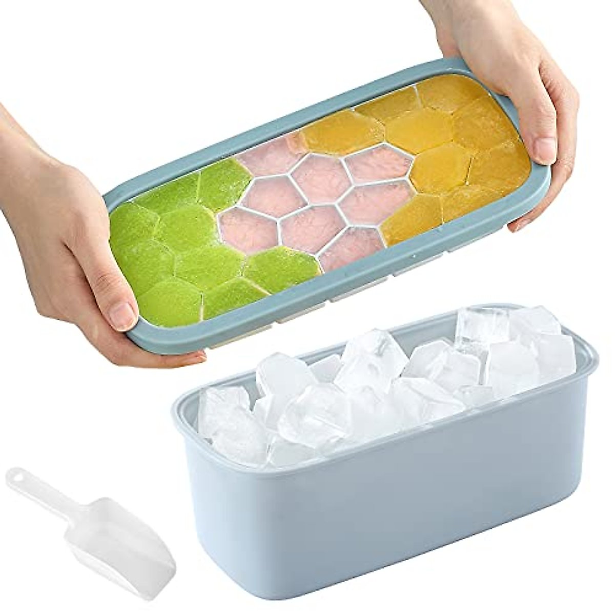 Atopov Ice Cube Trays with lid and Ice Bucket Ice Cube Trays Molds Easy-Release Silicone & Flexible 26-Ice Cube Trays Cocktail Whiskey ice cube tray (Blue)
