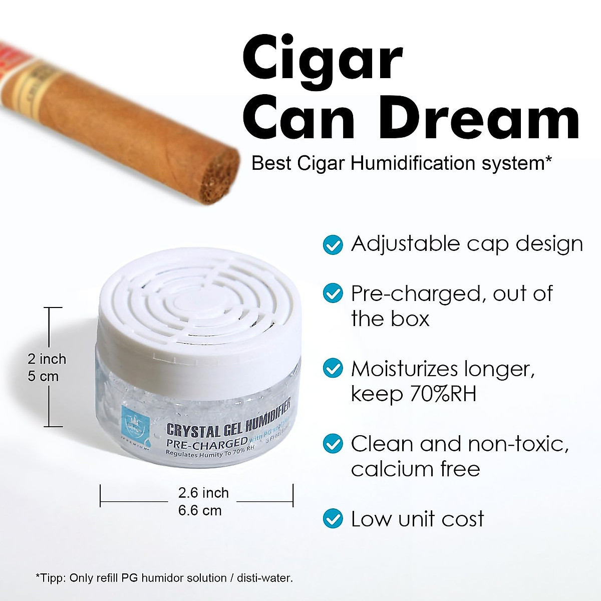 Crystal Gel Humidifier for Cigar Humidors (3 oz jar) -2 pack, Pre-filled PG Humidor Solution,Cigar Humidifier with Adjustable Cap,Keep 70% RH, Reusable Humidor Humidifier fit all Humidor Cigar Box