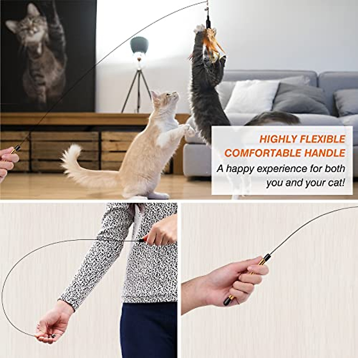 Pawaboo Feather Teaser Cat Toy, Interactive Feather Wand Cat Toy Flying Feather Cat Catcher with Extra Long 34.5" Wand and Small Bell, Fun Exerciser Playing Toy for Kitten or cat, Brown Feather
