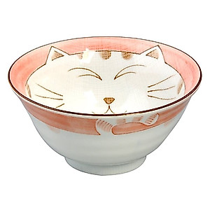 JapanBargain 2482, Japanese Porcelain Soup Bowl for Dinner Lunch Rice Poke Donburi Udon Ramen Noodle Pasta Cereal Maneki Neko Smiling Lucky Cat Pattern for Cat Lovers Made in Japan, 6-inch, Pink