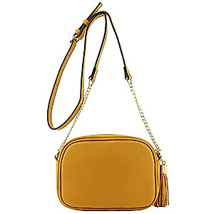 FashionPuzzle Chevron Quilted Crossbody Camera Bag with Chain Strap and Tassel (Mustard) One Size