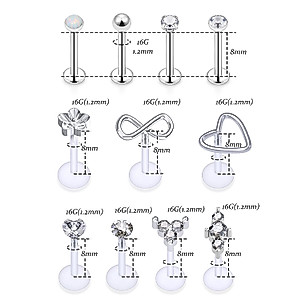 Vsnnsns 16G Lip Rings Stainless Steel Opal Labret Monroe Lip Rings Nail Cartilage Tragus Helix Earrings Studs Ring Medusa Piercing Jewelry Retainer For Women Men Silver 8mm 28PCS