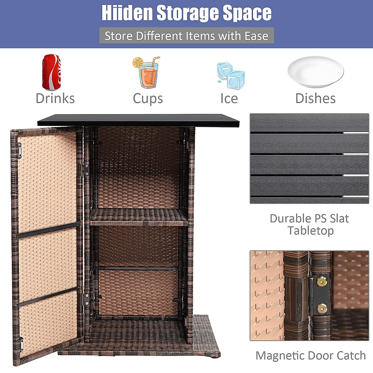 Tangkula 5 Piece Outdoor Rattan Bar Set, Patio Bar Furniture with 4 Cushions Stools and Smooth Top Table with Hidden Storage Shelf, Outdoor Conversation Set for Poolside, Backyard, Lawn (Navy Blue)