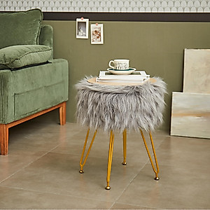 Alessing Grey Vanity Stool Chair with Storage, Faux Fur Storage Ottoman Furry Makeup Stool, Fuzzy Footrest Footstools with 4 Metal Legs & Wood Grain Pallet for Living Room Bedroom Entryway