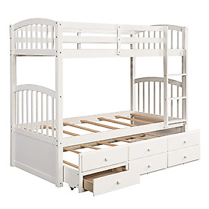 SOFTSEA Twin Over Twin Bunk Bed with Twin Trundle, 4 Step Ladder and 3 Drawers