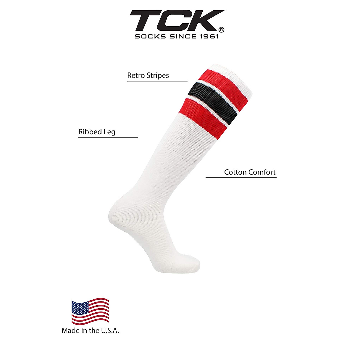 TCK Retro 3 Stripe Tube Socks (Red/Black, Large)
