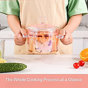 1.5L/51oz/6cups, Pink Glass Pots for Cooking on Stove Glass Pot with Lid Glass Pots for Cooking Glass Cooking Pot Heat Resistant Glass Saucepan Simmering Cooking Pasta Vegetable Soup Salad