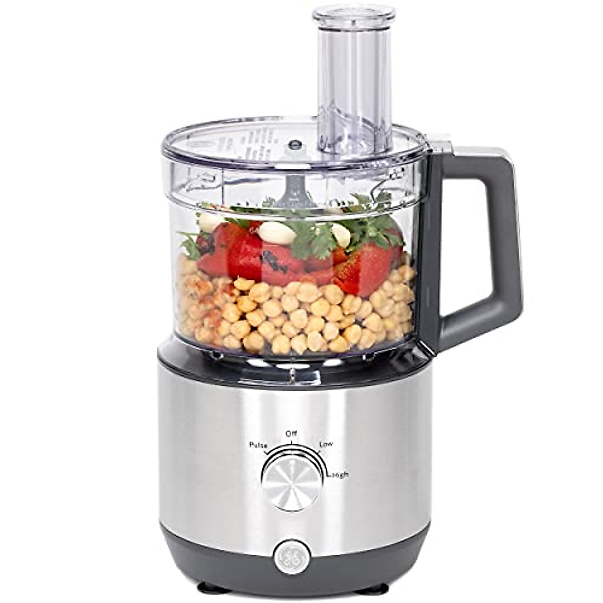 GE Food Processor | 12 Cup | Complete With 3 Feeding Tubes & Stainless Steel Accessories - 3 Discs + Dough Blade | 3 Speed | Great for Shredded Cheese, Chicken & More | Kitchen Essentials | 550 Watts