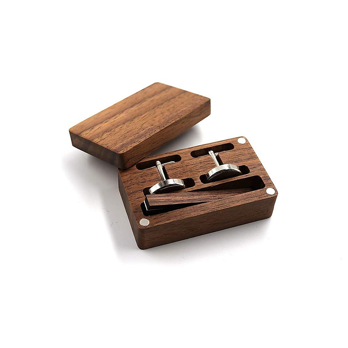 Rustic Black Walnut Wooden Round Cufflinks Tie Clips With Organizer Box for Men