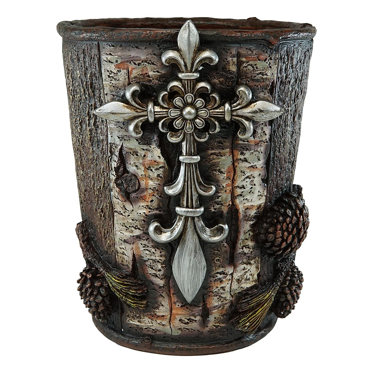 Ebros Gift Rustic Southwestern Inspirational Le Fleur Cross with Birch and Pinecones Bathroom Accessory Resin Sculpture Fleur De Lis Accent (Dry Waste Basket Trash Bin)