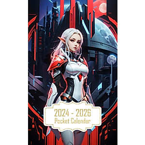 Pocket Calendar 2024-2026: Two-Year Monthly Planner for Purse , 36 Months from January 2024 to December 2026 | Fantasy character logo | Enchanting female elf | Cyberpunk buildings