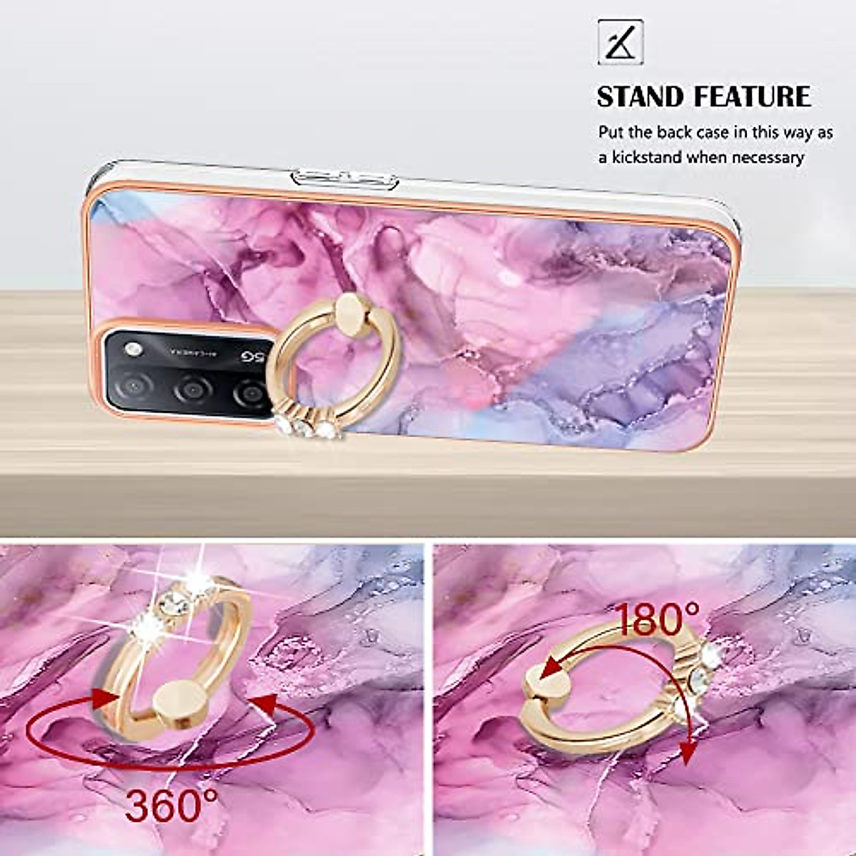ONV Silicone Case for Oppo A55 5G - Phone Case with Luxury Glitter Metal Ring Marble Painted Stand Case TPU Bumper Protect Cover for Oppo A55 5G / Oppo A53S 5G / Oppo A54 4G / Oppo A16 [Ring] -Pink