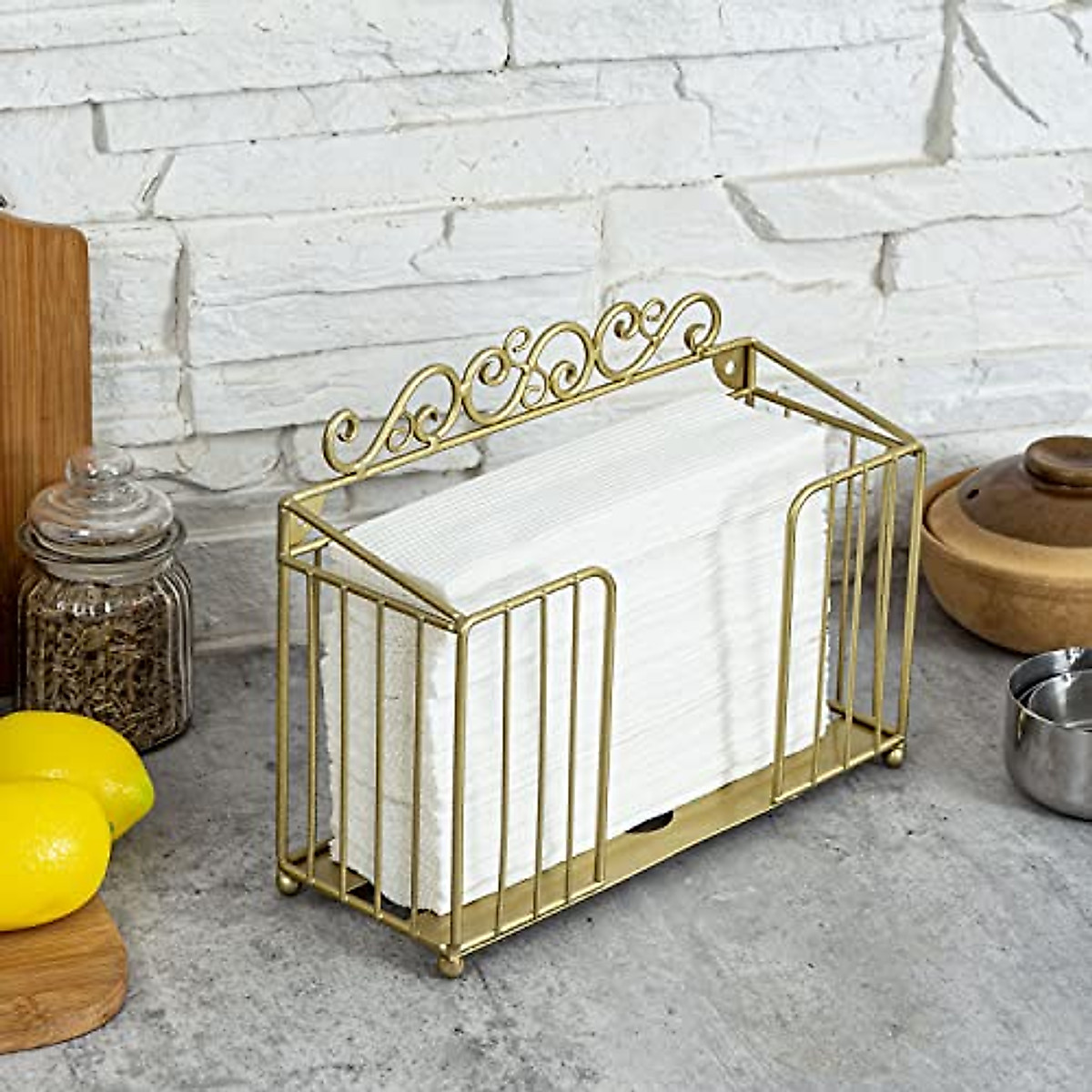 MyGift Vintage Brass Tone Metal Folded Paper Towel Holder with Scrollwork Design - Wall Mounted Trifold Z-Fold Disposable Napkin Dispenser Rack