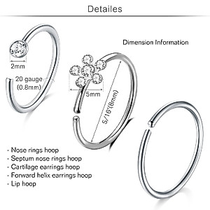 MODRSA Nose Rings Nose Piercings Hoop Nose Rings for Women Stainless Steel Silver Nose Rings Studs 20g