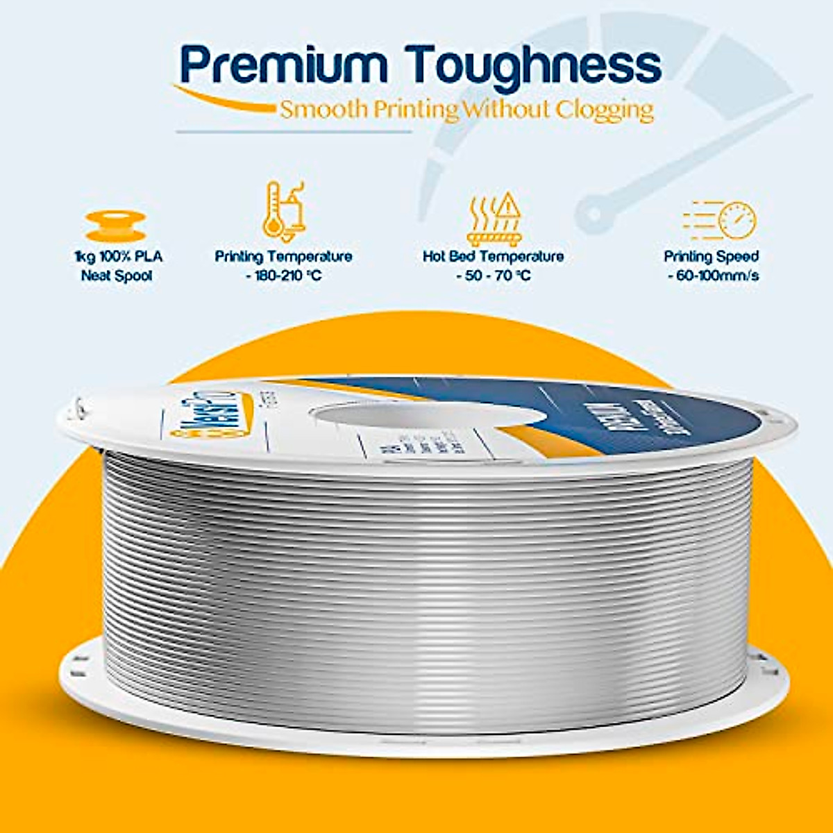 PLA 3D Printer Filament | Silver PLA Filament 1.75mm | 1KG Spool (2.2lbs) - Fits Most FDM Printers | Dimensional Accuracy +/- 0.03 mm | 3D Printing Filament 1.75 Will Not Warp, Clog or Break