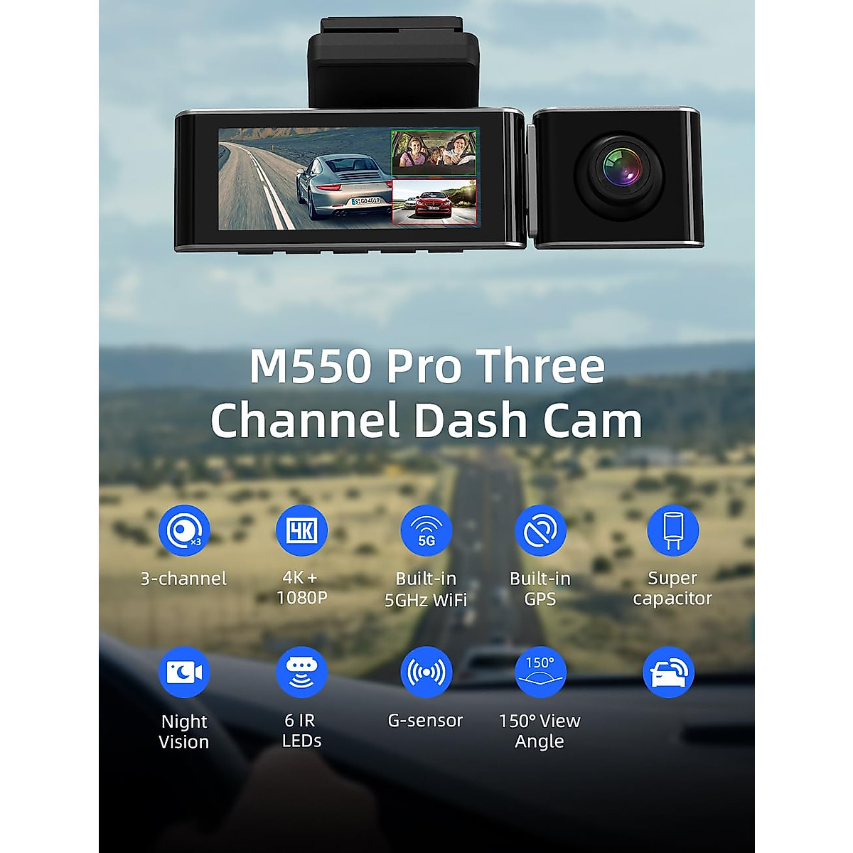 AZDOME 5G WiFi 4K 3 Channel Dash Cam, Free 64GB Card, 4K+1080P Front and Rear, 2K+1K Front and Inside, 2K+1K+1K Three Way Dash Camera, WDR IR Night Vision, 24H Parking Mode, Support 256GB Max