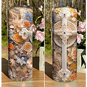 CERMELUS 3D Wrap Christian Cross 20oz Skinny Tumbler, Stainless Steel Double Wall Insulated Cup With Lid And Straw Multi, Bible Christian Tumbler, Gifts for Women, Men, Friends