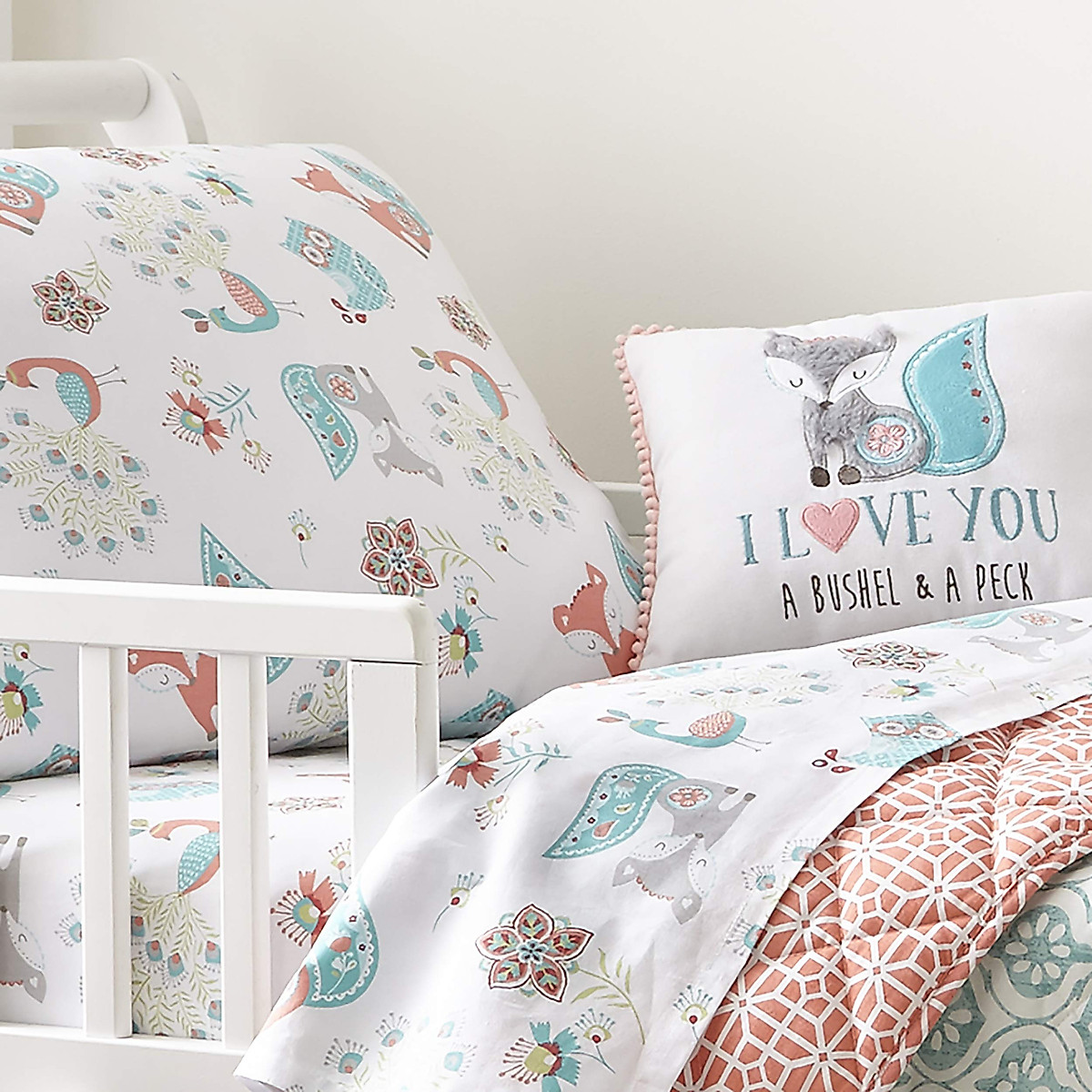 Levtex Baby - Fiona Toddler Bed Set - Pink, Aqua, White - Woodland Forest Theme - 5 Piece Set Includes Reversible Quilt, Fitted Sheet, Flat Sheet, Pillow Case, Decorative Pilow