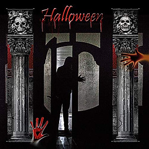 2 Pieces Halloween Gothic Mansion Banners Halloween Skull Hanging Banners with Welcome Foolish Mortals Porch Sign Spooky Halloween Pillar Sign Banner Decorations for Outdoor Halloween Party Supplies