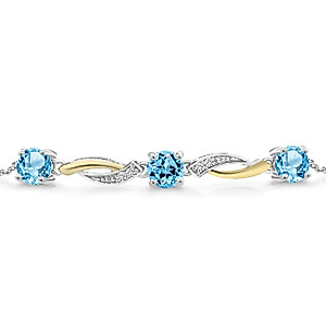 Gem Stone King 1.99 Ct Swiss Blue Topaz G-H Lab Grown Diamond 925 Silver and 10K Yellow Gold 7 Inch Tennis Bracelet For Women with 1 Inch Extender