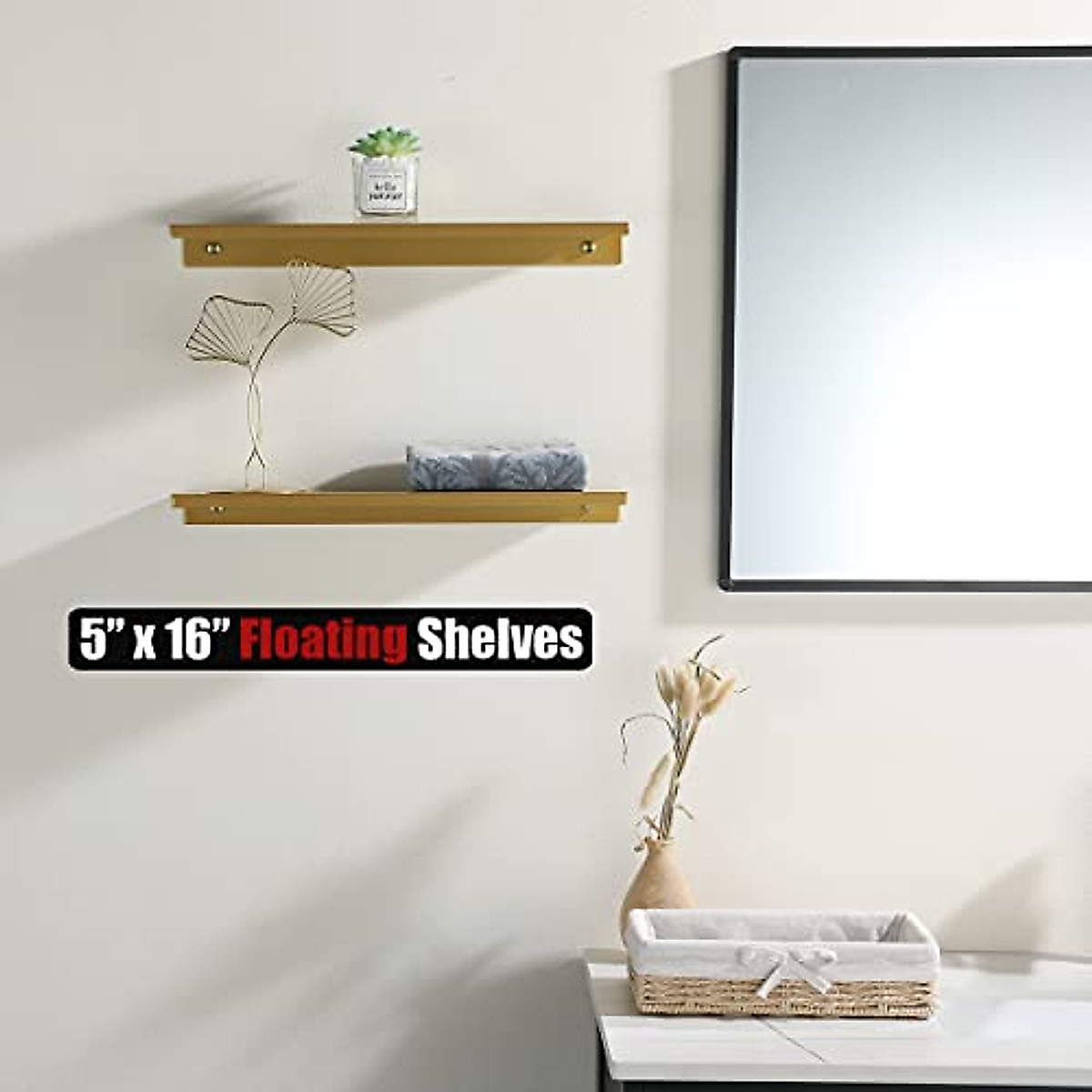 JQK Floating Shelves, Gold Wall Shelves for Bathroom/Living Room/Bedroom/Kitchen Decor, Wall Mounted Set of 2, 16 Inch Metal Golden, FSL16-BG-P2