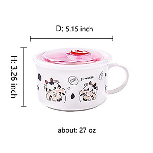 Ceramic Bowl with Lid and Handle,Cute Cows Design,Microwave for Instant Noodle Sara, Cereal Bowl (Black Milk)