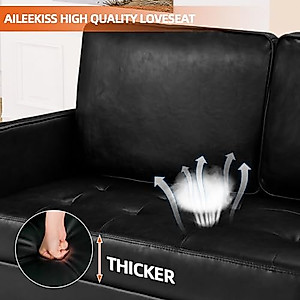 AILEEKISS 57'' Modern Loveseat Sofa Mid-Century Faux Leather 2-Seat Sofa Couch Upholstered Love Seats with Pillows for Living Room, Bedroom, Office, Small Space (Black 02)