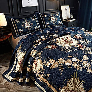 LAMEJOR Quilt Set Queen Size Retro Floral Pattern Medallion Style 3-Piece Reversible Luxury Soft Comforter Set Bedspread Coverlet Set Microfiber Dark Blue